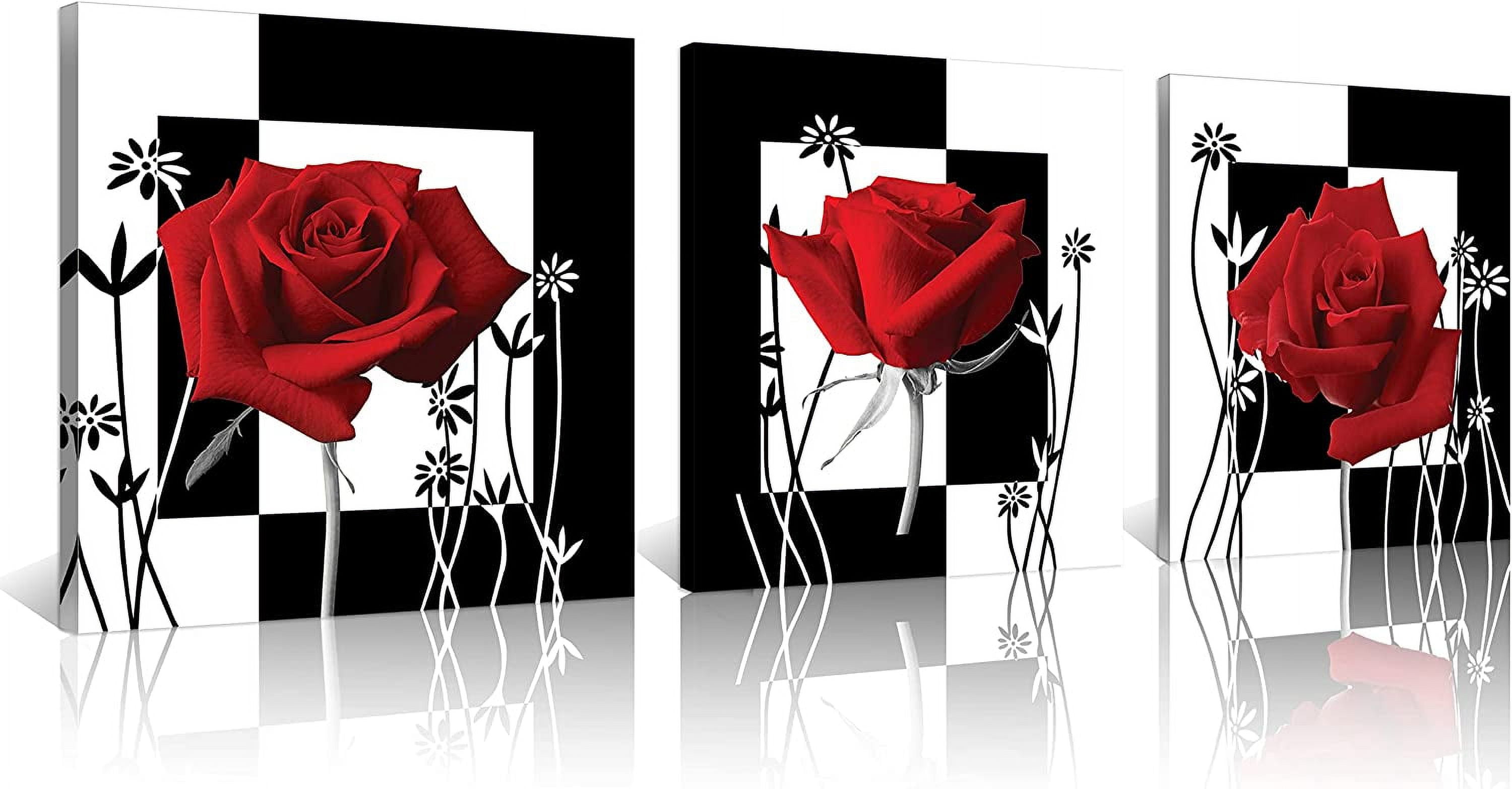 3 pc Red Rose Wall Decor Black and White Red Rose Pictures for Wall ...