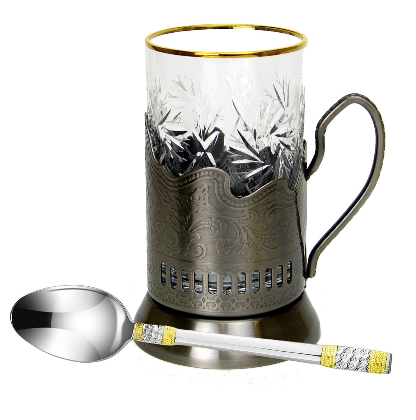 3-pc Tea Set, 24 Karat Gold Banded Tempered Crystal Glasses with Metal ...