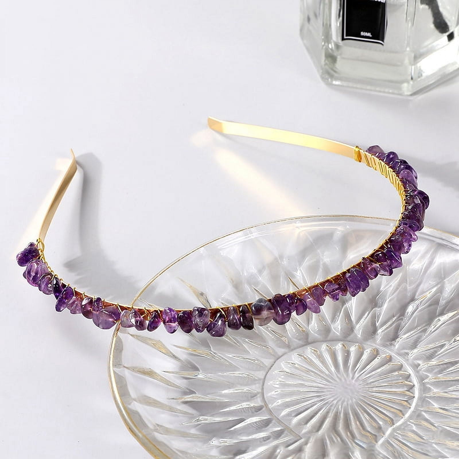 3 pc Wire Wrapped Natural Amethyst Chip Hair Bands with Metal Hoop for ...
