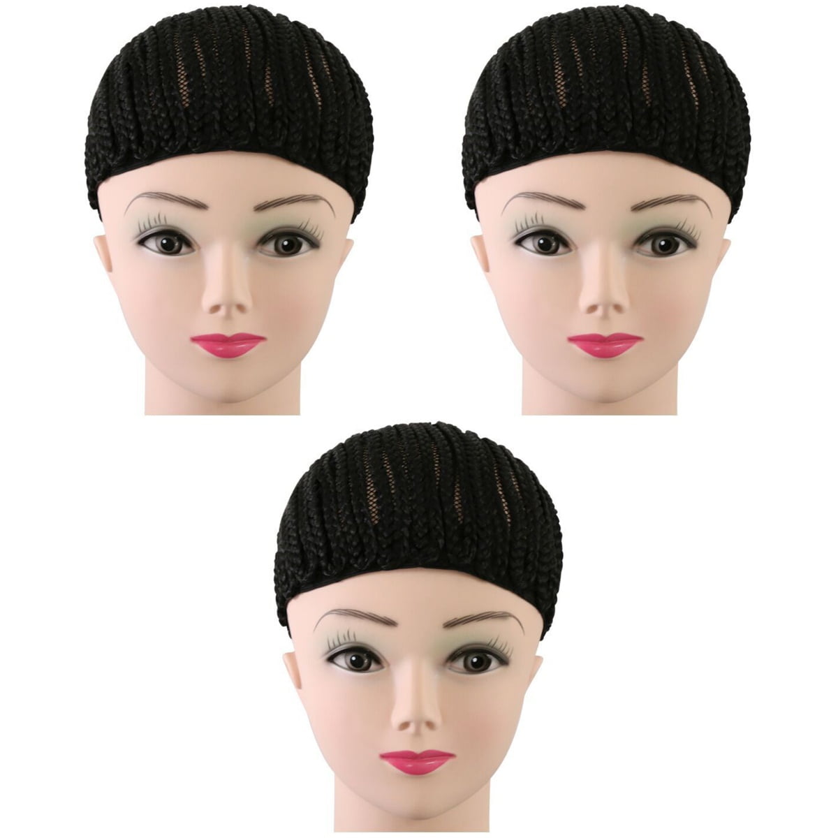 3 pcs Easier Sew Black Cornrow Braids Crochet Wig Caps Elastic Sew Dome ...