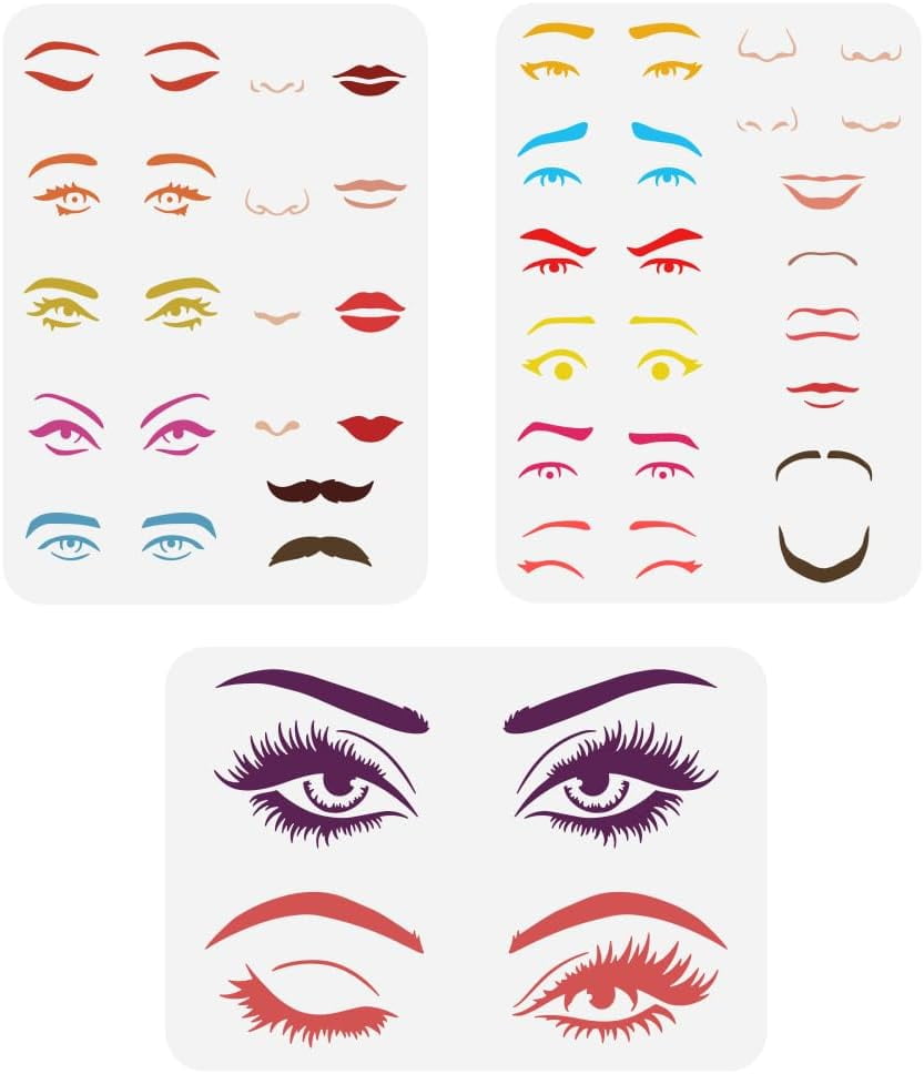 3 pcs Facial Features Painting Stencil 8.3x11.7inch Reusable Eyes Nose ...