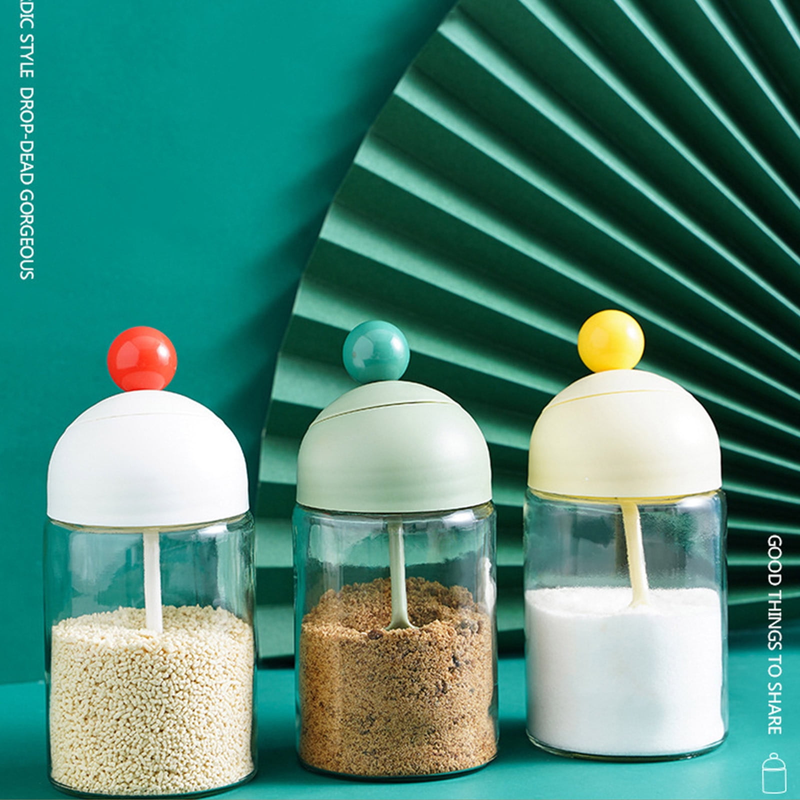 3 pcs Glass Container Jars with Lids Spoon for Kitchen Storing Spice ...