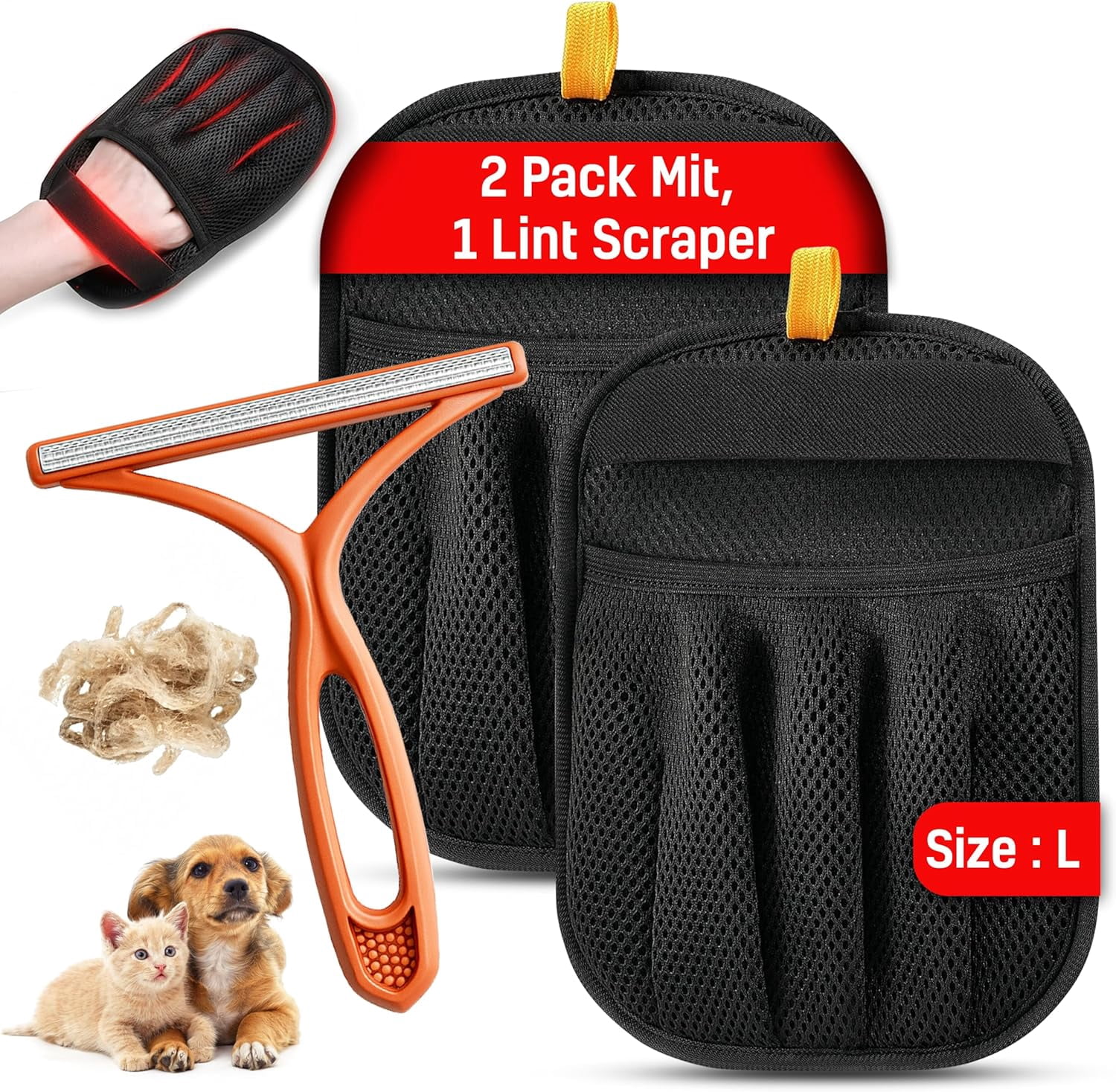 3 pcs Pet Hair Removal Glove for Dogs and Cats (2 Pack Mit, 1 Lint ...