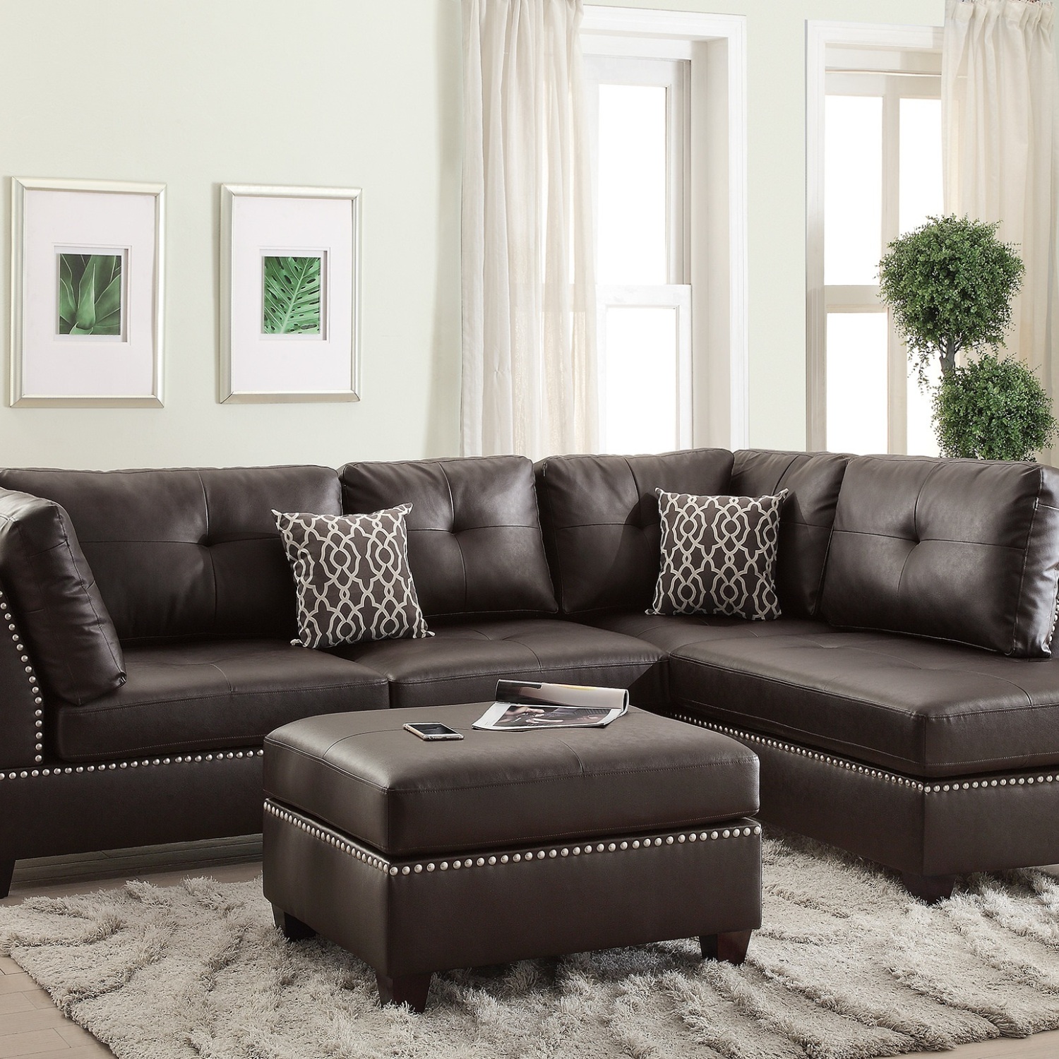 3-pcs Sectional Sofa Espresso Bonded Leather Cushion Sofa Chaise ...