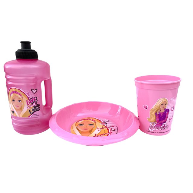 Barbie 3 pcs Set Kids Dinnerware, Glamorous Pink, Bowl, Cup, Sports ...