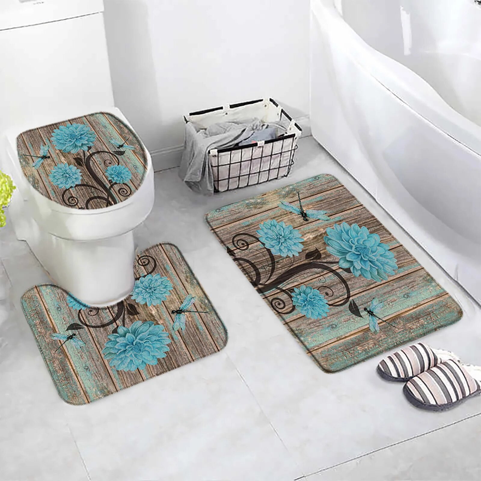 3 pcs Set Beach StarShell Bath Mat Teal Octopus Turtle Wood Grain Anti ...