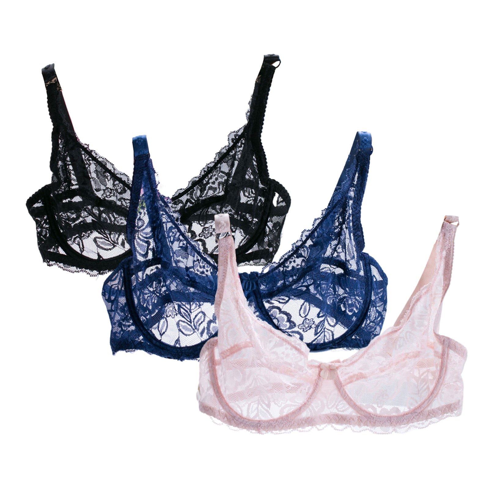 3 pcs Women's Lace Balconette Bra Underwire Non-Padded Soft Cup Comfort ...