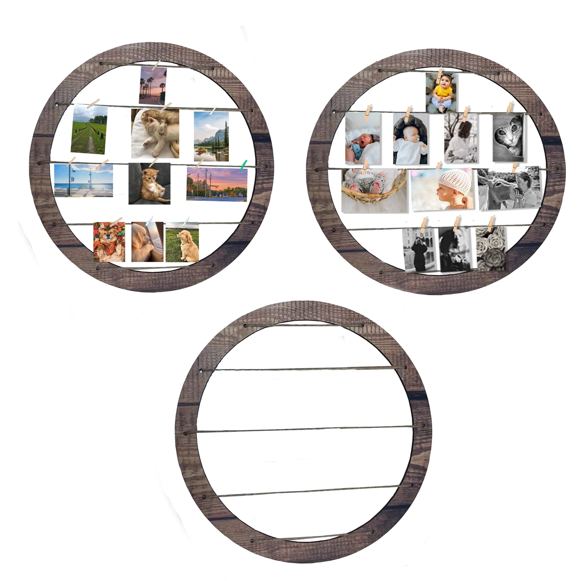 3 pcs large round 18 inches wood pictures frame wall hanging collage ...