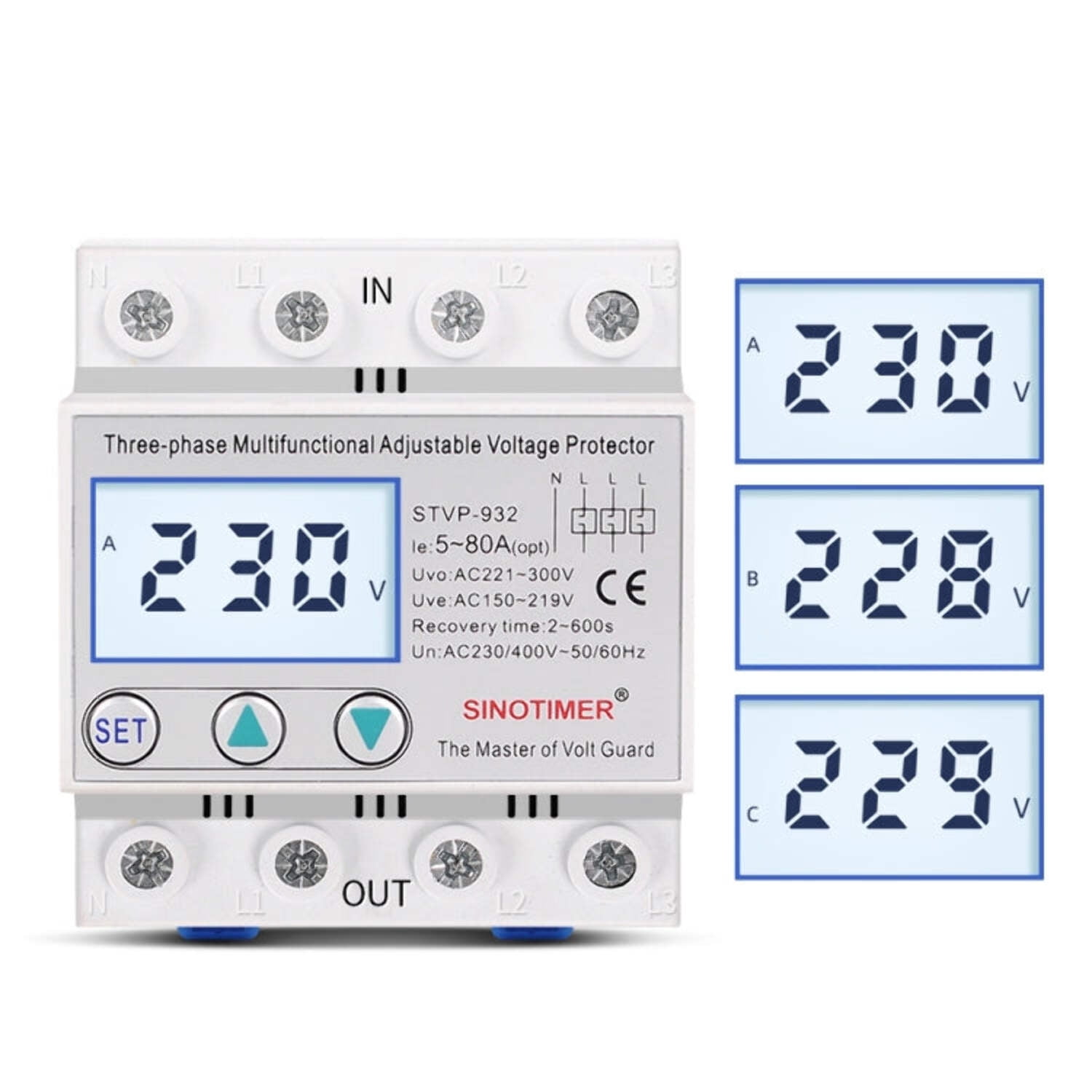 3-phase 380V LCD Self-resetting Adjustable Surge Voltage Protector ...