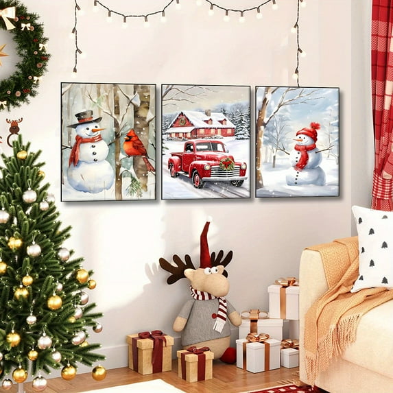 3-piece Christmas Gift Canvas Wall Art, Snowman Red Bird Barn Poster ...