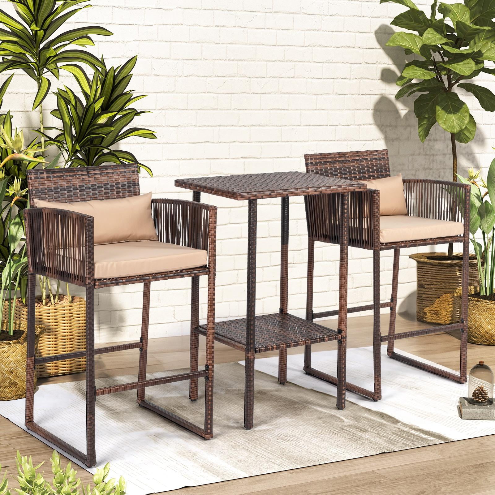 3-Piece Rattan Patio Bar Table Set with Cushioned Bistro Set for ...