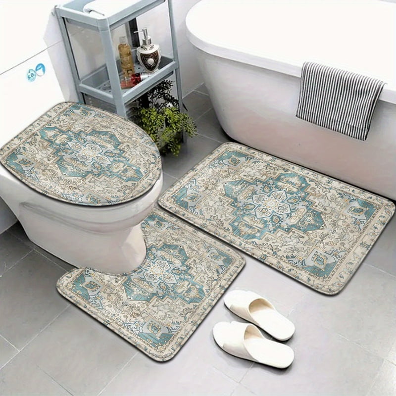3-piece Persian series cyan floral pattern bathroom mat set toilet seat ...