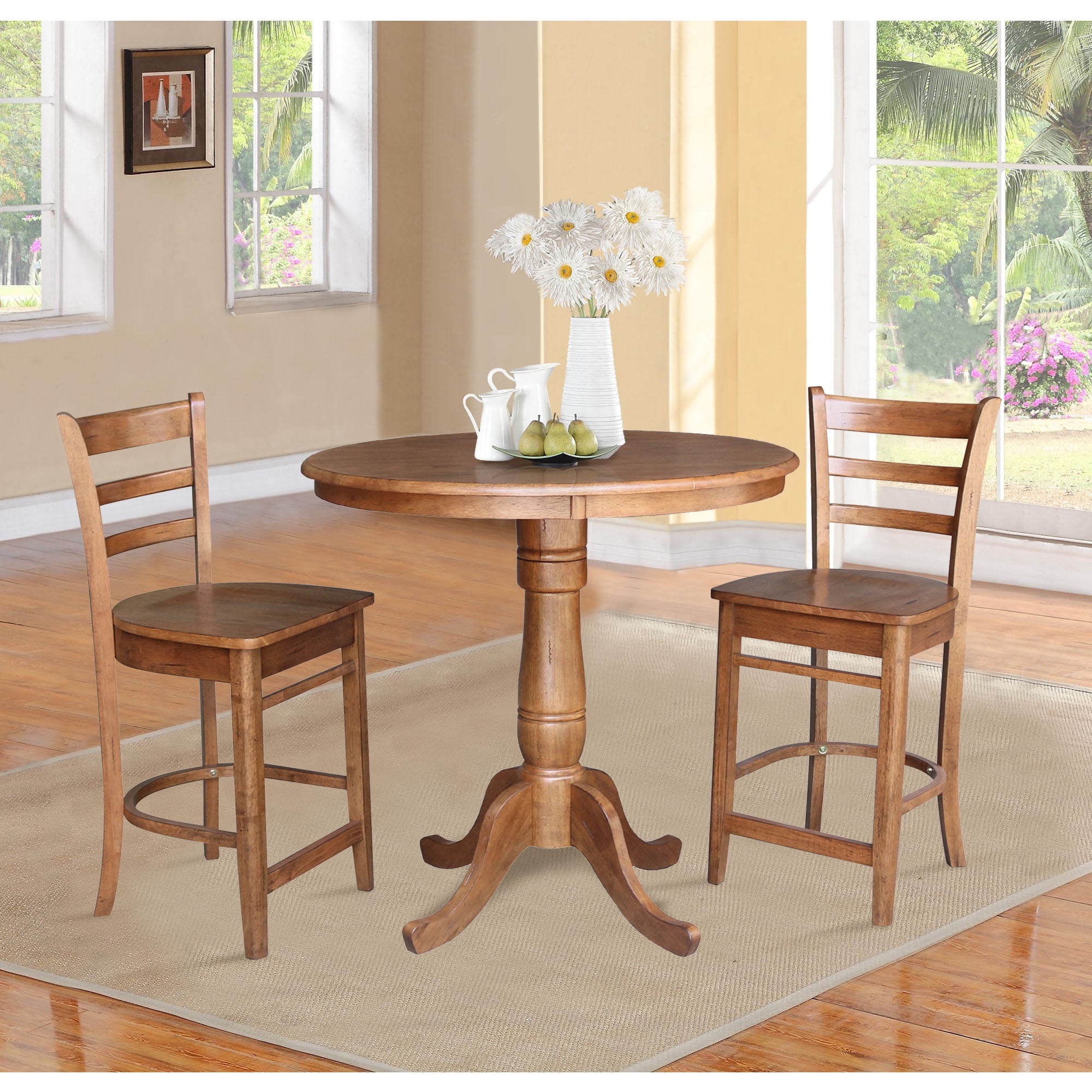3-piece Solid Wood Counter Height Dining Set with 36'' Round Pedestal ...