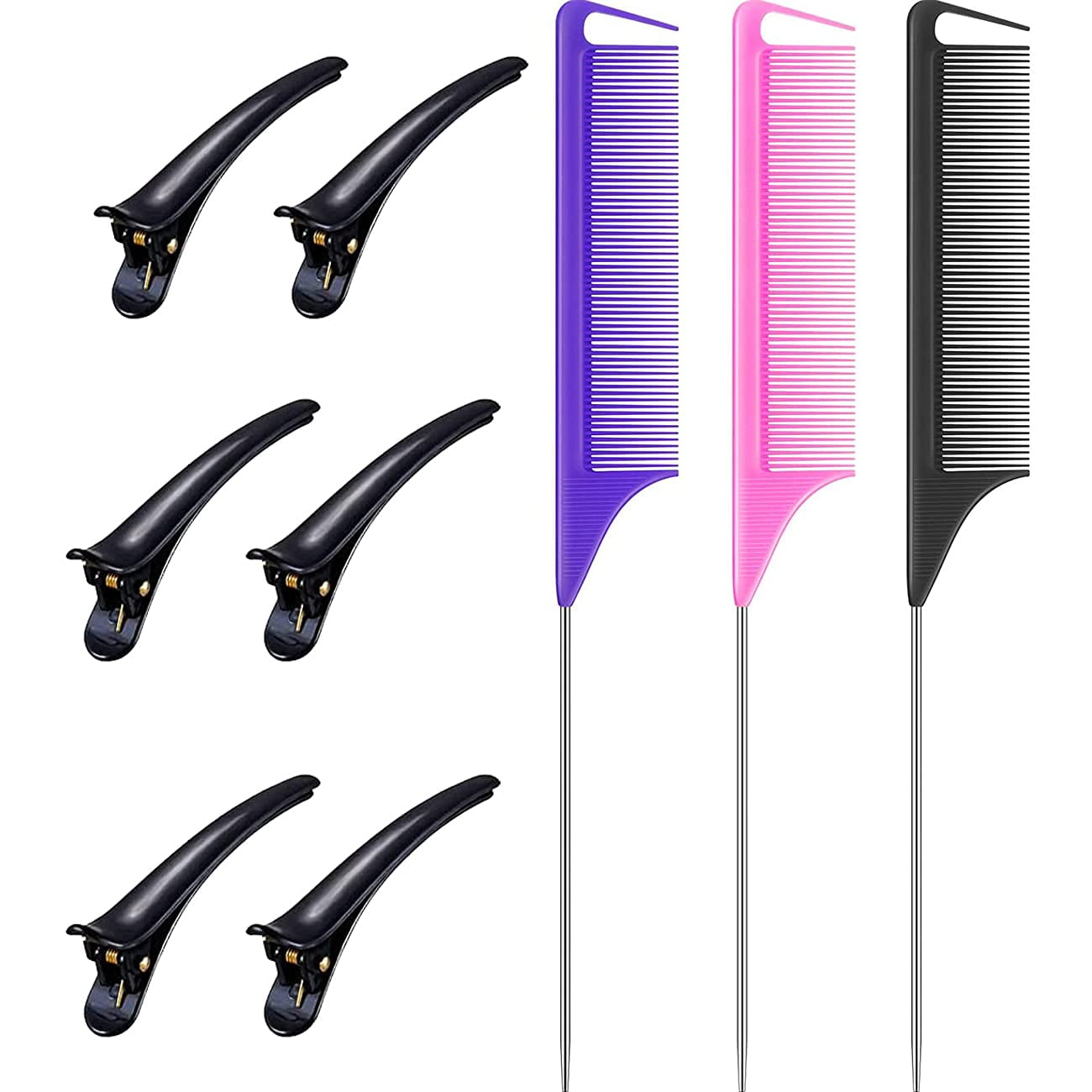 3 piece comb and 6 piece hair clip set, stainless steel dividing comb ...