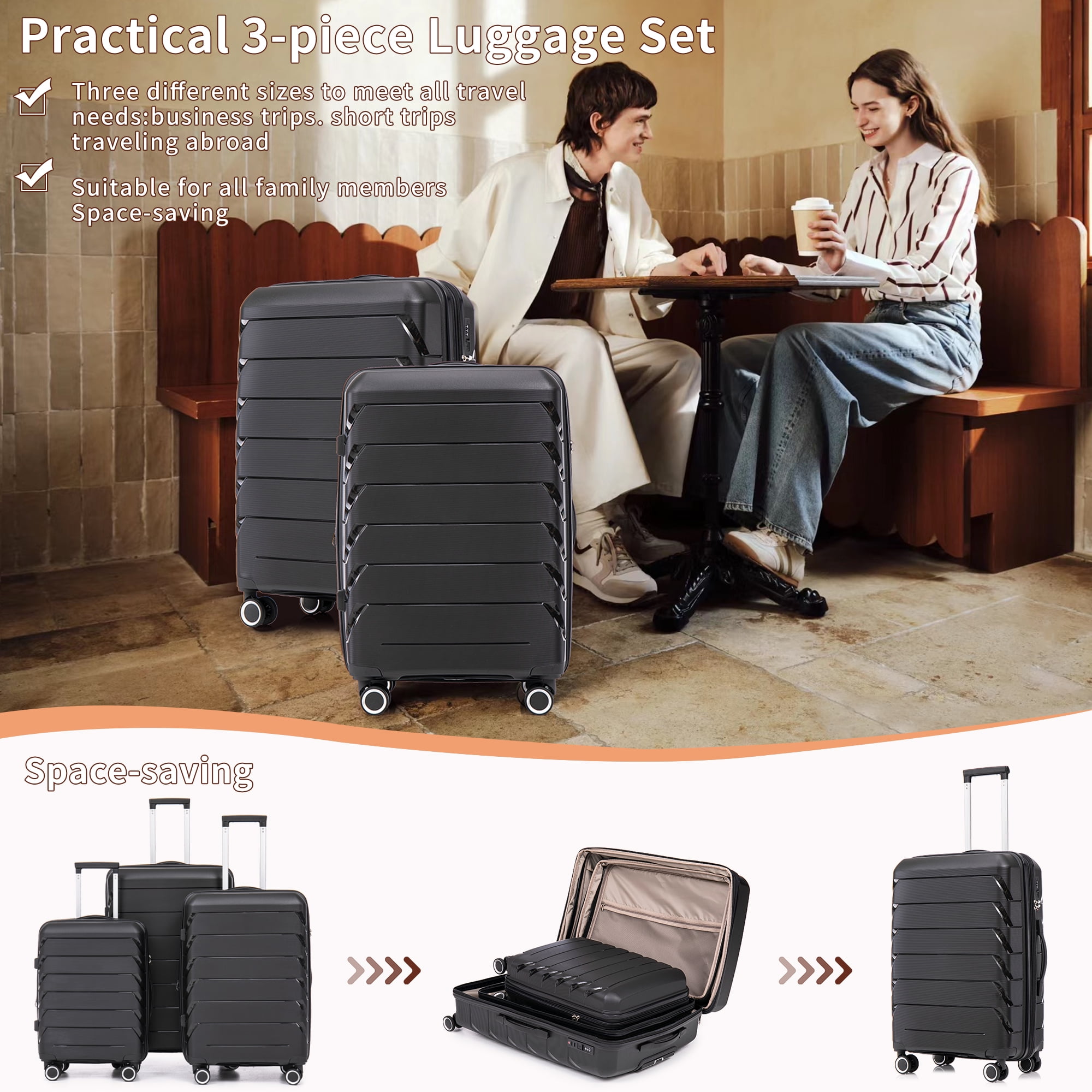 3-piece rectangular suitcase set, PP material hard shell lightweight ...