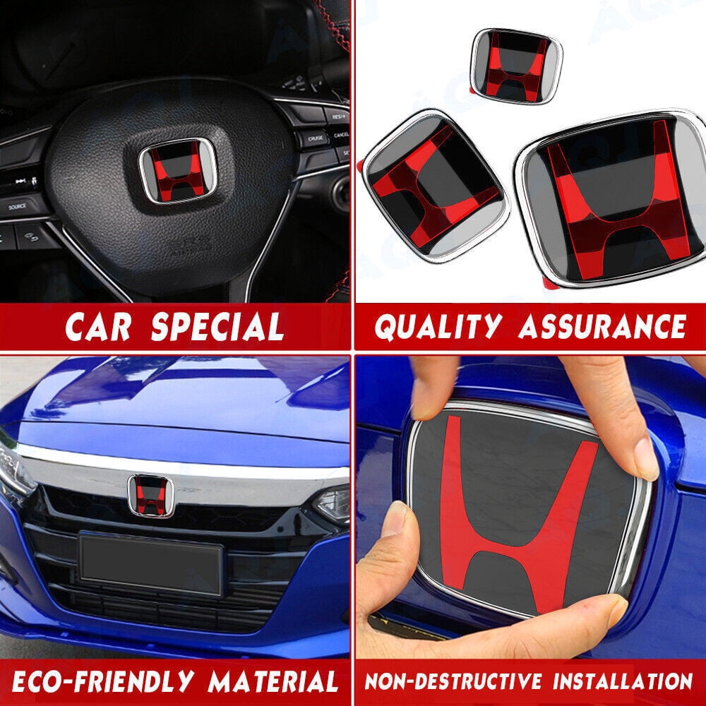 3-piece set of black and red front, pearl, and steering wheel Emble ...
