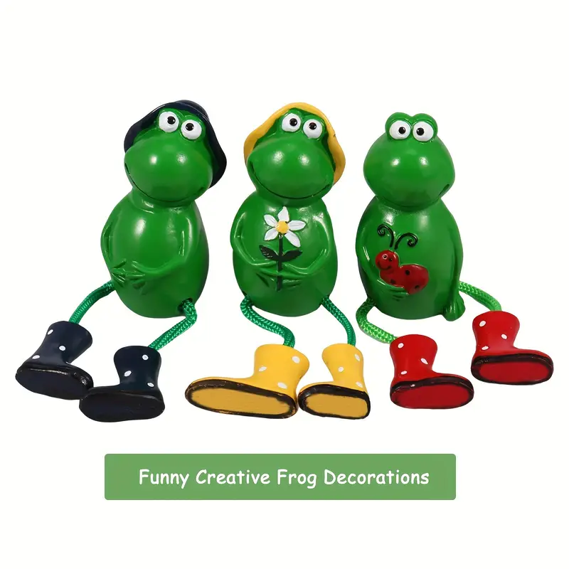 3 pieces, resin frog statues with dangling legs, whimsical green frog ...