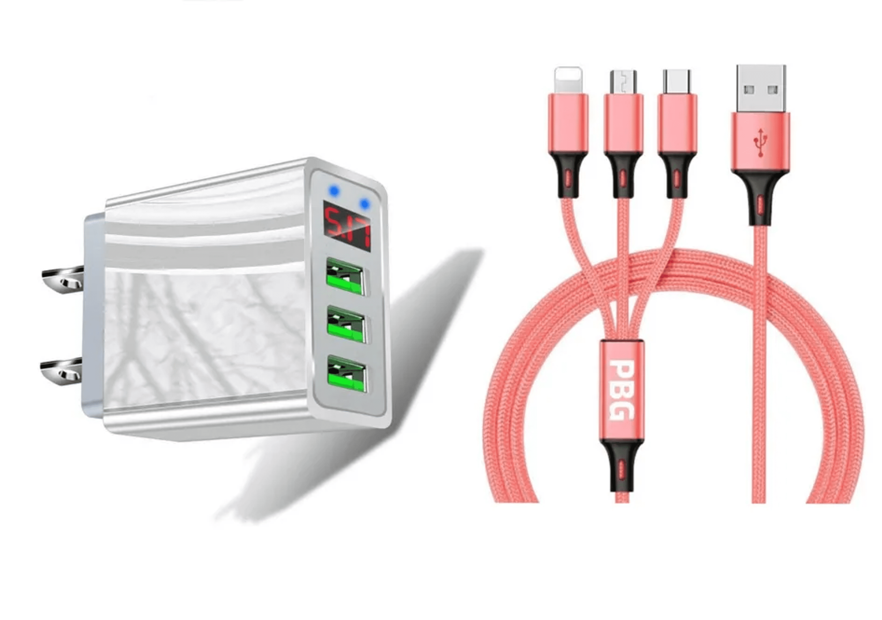 3 port LED Display High Speed Wall Charger White + 3 in 1 Cable Combo ...
