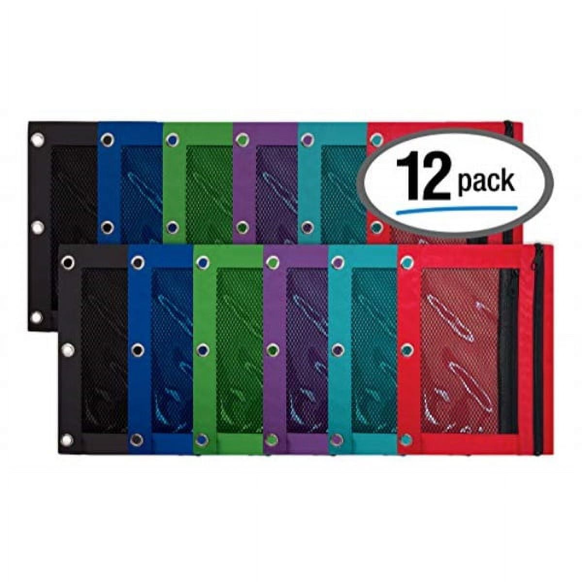 3 ring pencil pouch, 12 pack, with mesh window, 2 compartments ...