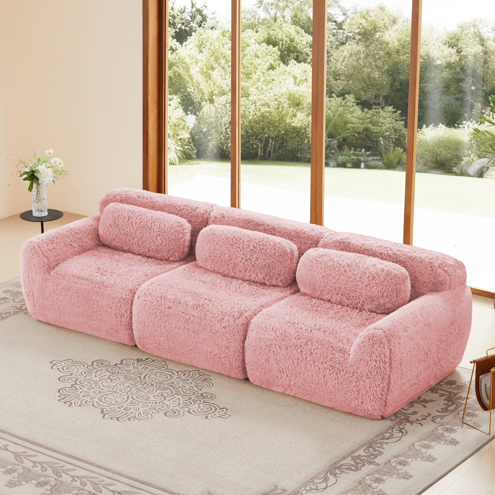 3-seater 114''Soft and Fluffy Plush Fabric,Modular Sectional Sofa ...