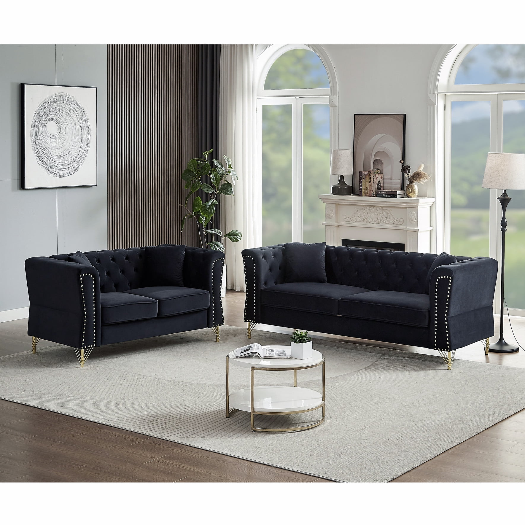 3-seater + 2-seater Combination Sofa Tufted Couch with Rolled Arms,Classic Chesterfield Sofa ...