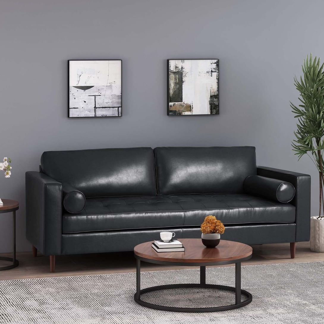 3-seater PU sofa with two small pillows, modern wooden sofa frame with birch legs, comfortable ...