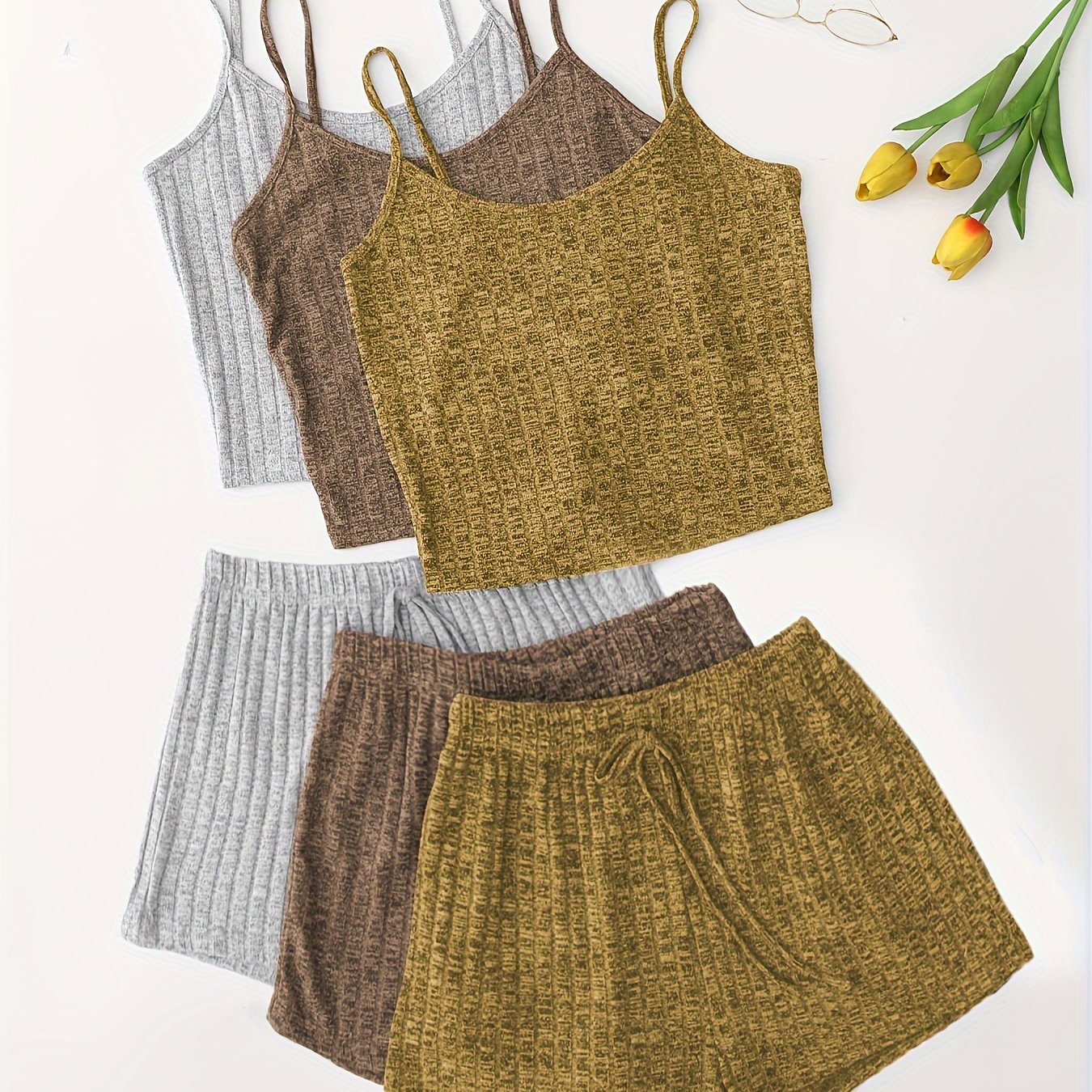3 sets Women's Solid Pajama Set with Cami Top and Lace-up Shorts ...