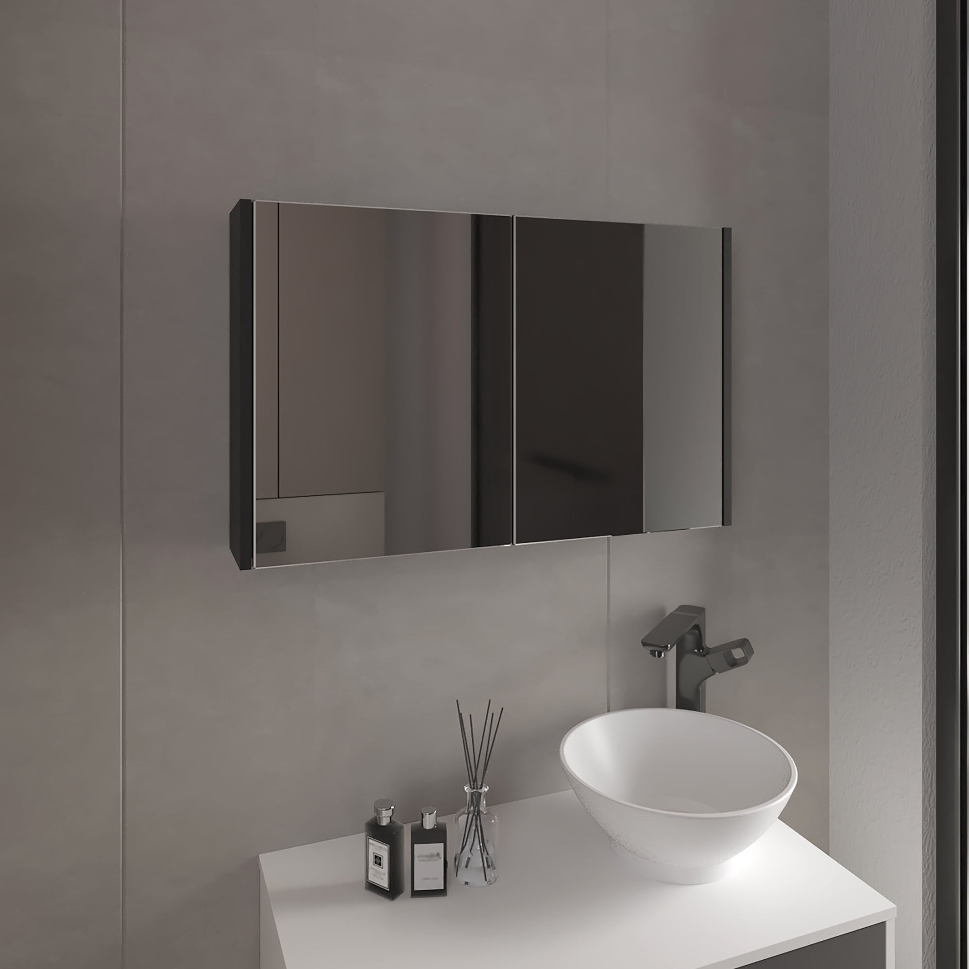 3-shelf Double Door Kitchen Cabinet, Black, Mirror Doors, And ...