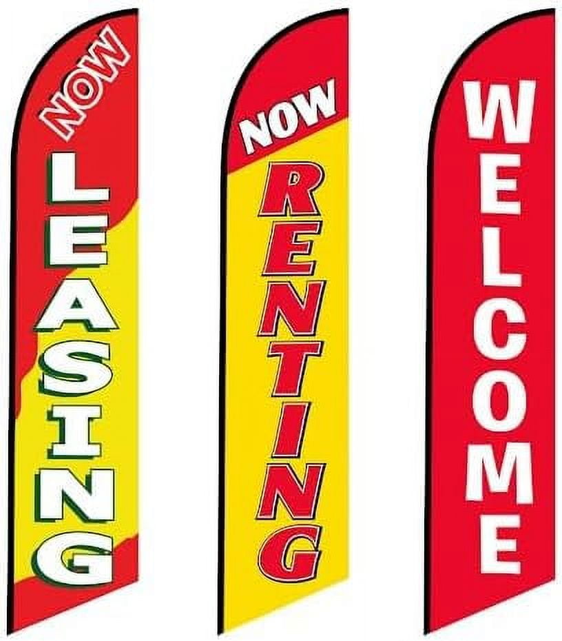 3 (three) Tall Windless Feather Flags of Now Leasing Now Renting and ...