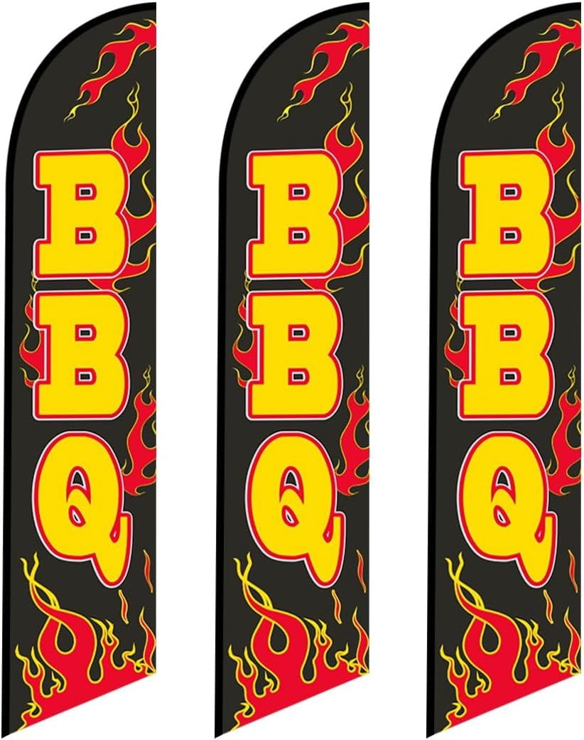 3 three Tall windless full sleeve flags of BBQ with Flames for ...