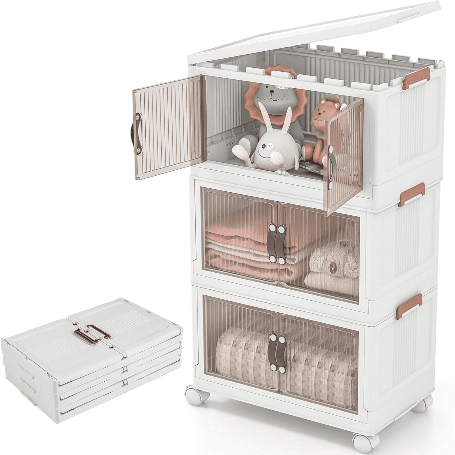 3-tier Collapsible Storage Bins with Wheels and Lid 60 Gal Stackable ...