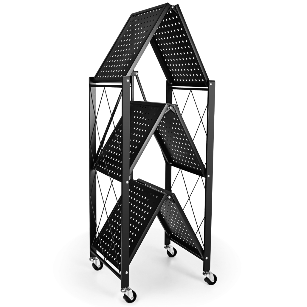 3-tier Foldable Storage Shelves with Wheels, Heavy Duty Metal Folding ...
