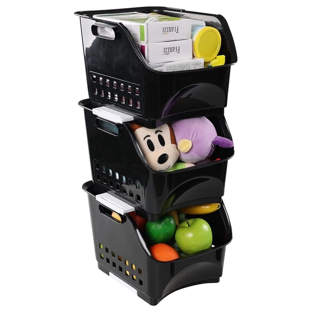 3 tier Kitchen Stacking Open Storage Bins, Plastic Stackable Storage ...