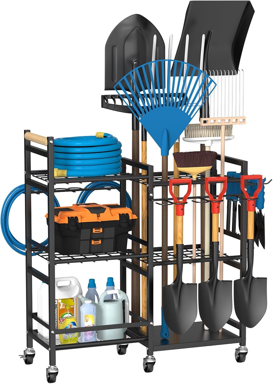 3-tier Metal Shelf Yard Tool Holder with Rolling Wheel, Garden Tool ...