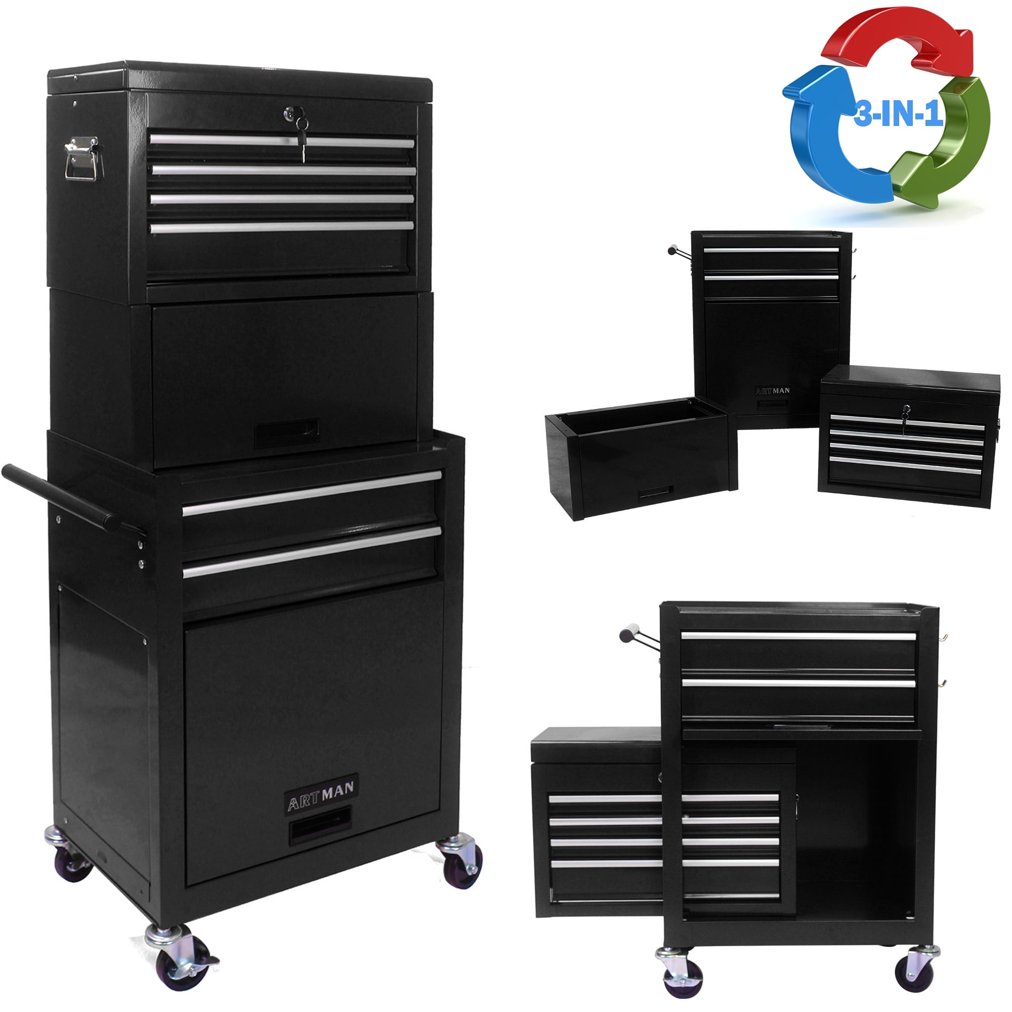 3-tier Rolling Tool Chest, 3-IN-1 Tool Box & Cabinet Large Capacity ...