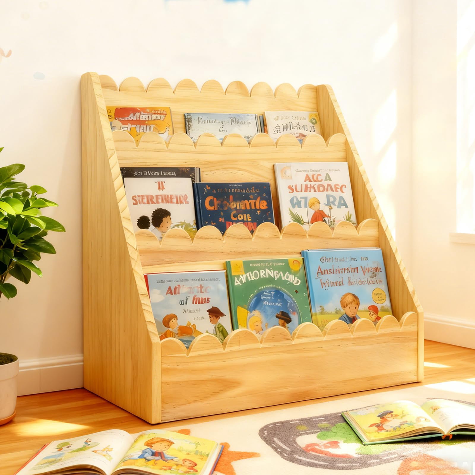 3-tier Scalloped Bookshelf Montessori Bookcase For Wooden Book Shelf ...