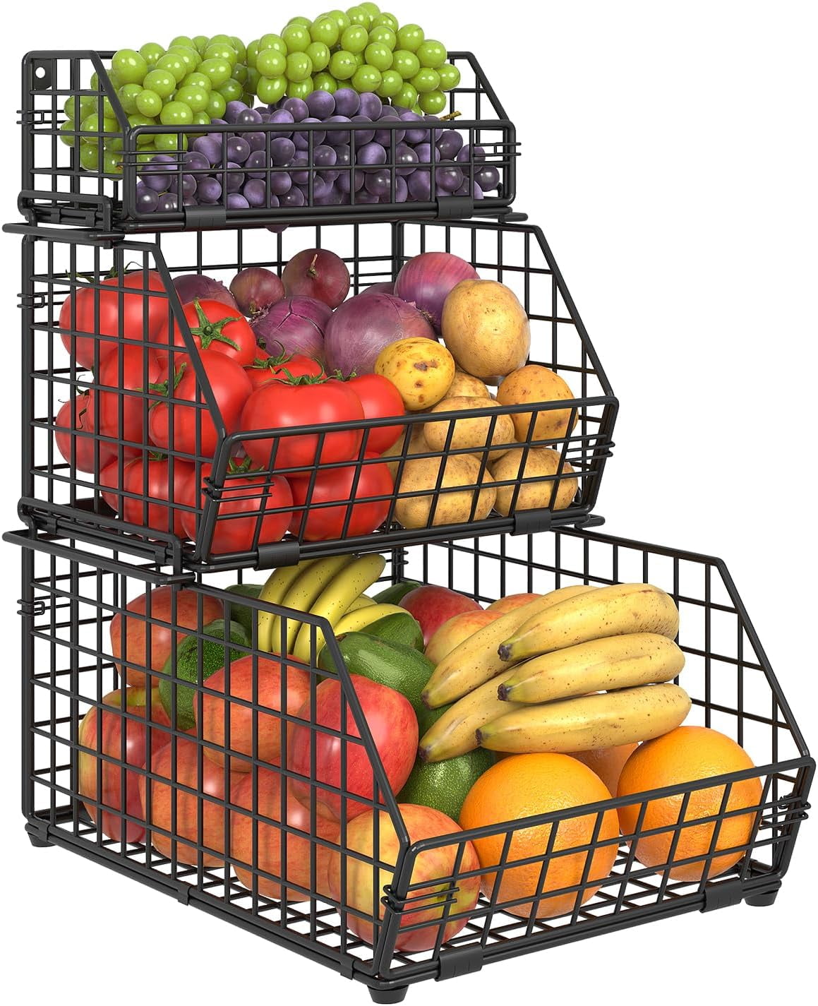 3-Tier Fruit Basket for Kitchen Counter, Stackable Wire Baskets Wall ...