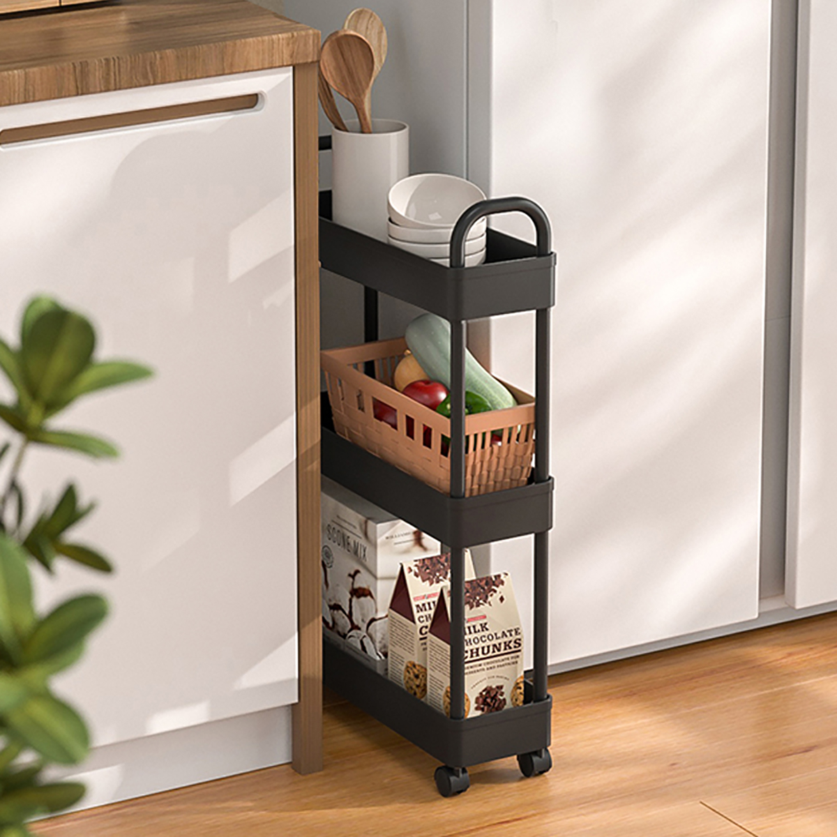 3-tier rolling storage cart with handrails, multifunctional trolley, a ...