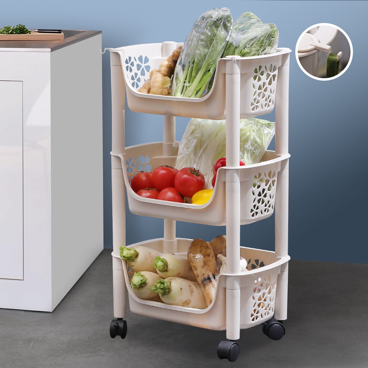 3-tier wheeled rolling storage cart, high-capacity kitchen cart with 2 ...