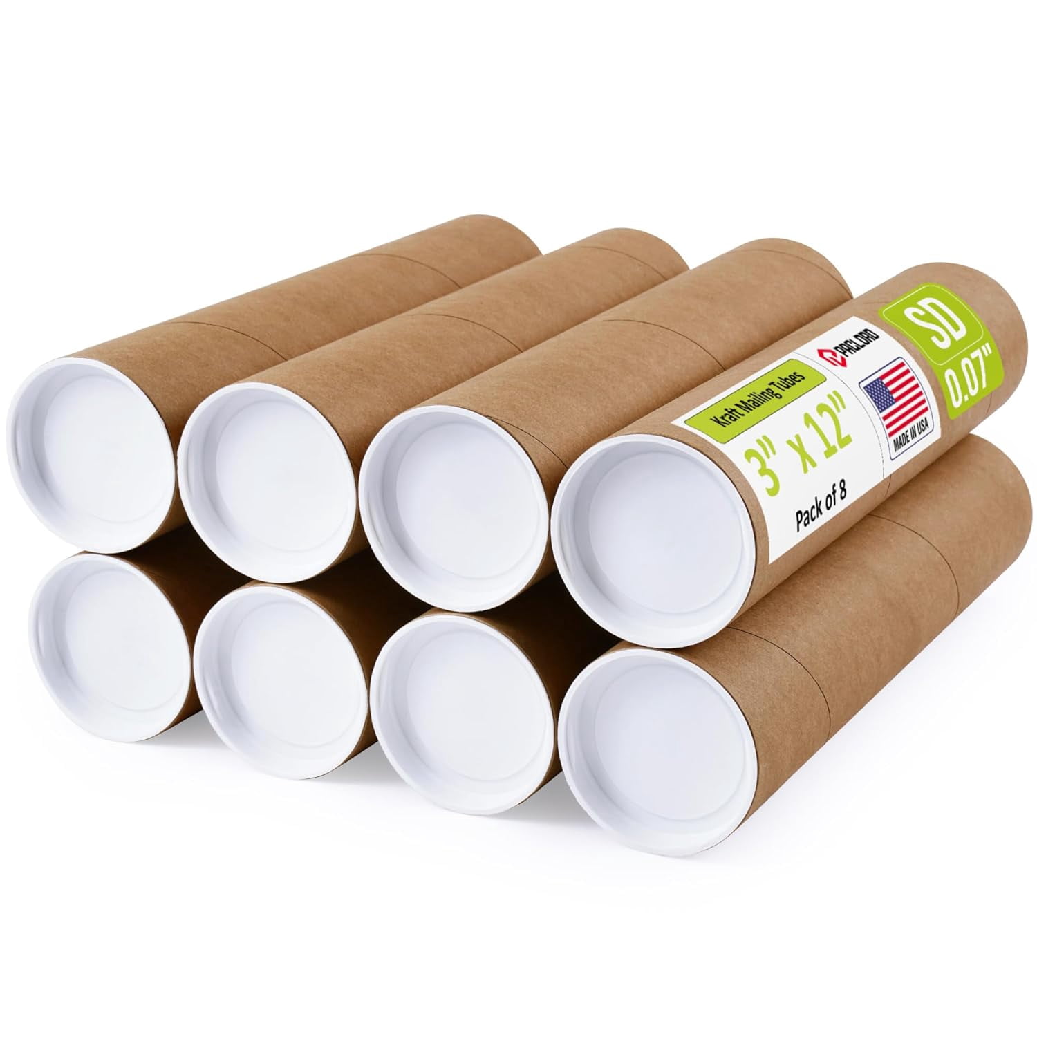 3" x 12" Reinforced Kraft Paper Mailing Tubes, Pack of 8 Tubes with 2 ...