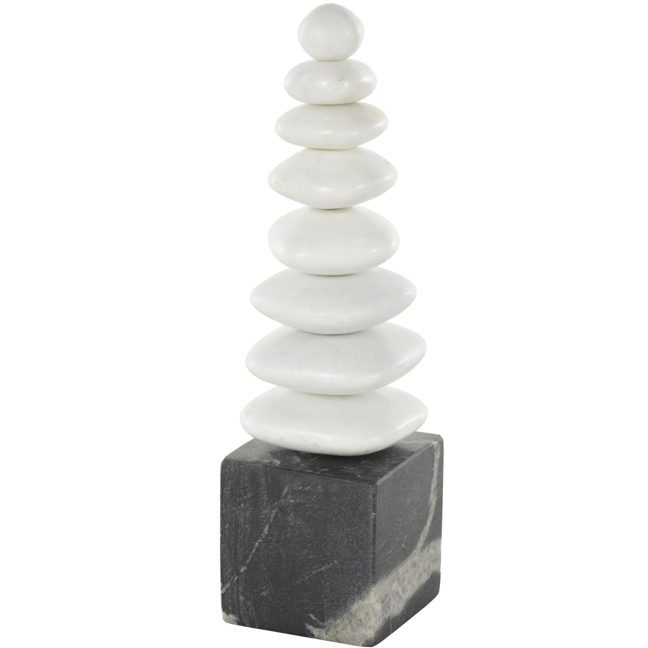 3" x 12" White Marble Stacked Stone Abstract Sculpture with Black Block ...