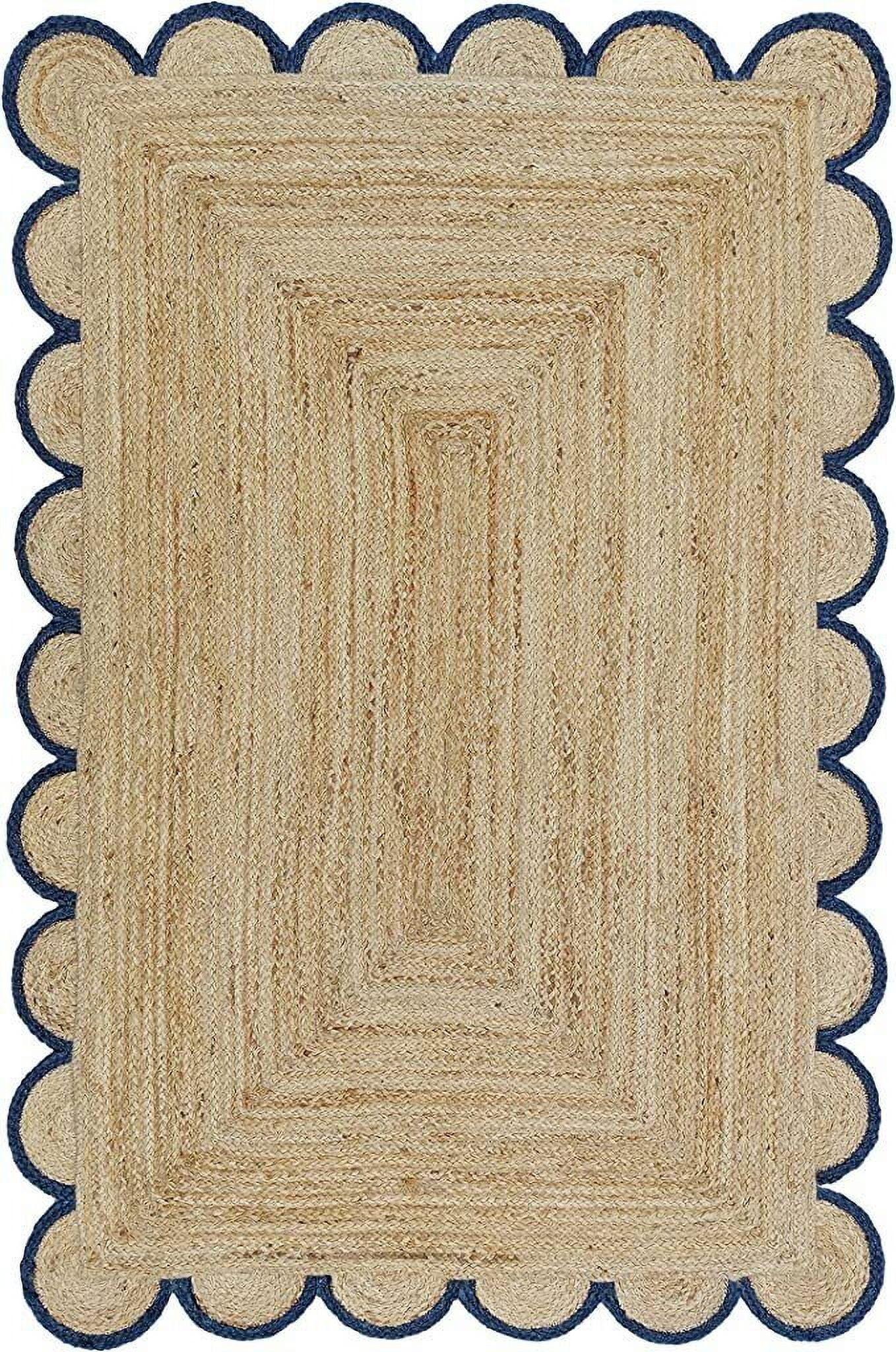 3 x 3 Feet Square ( 90 cm x 90 cm ) Natural Jute with Blue Scalloped ...