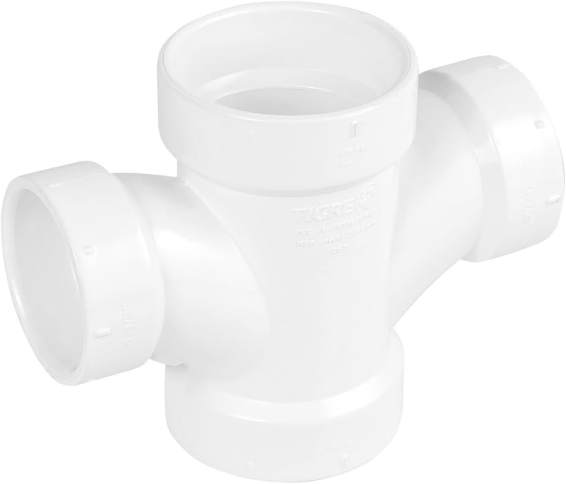 3" x 3" x 2" x 2" White PVC DWV Double Sanitary Tee Reducing Hub PVC ...