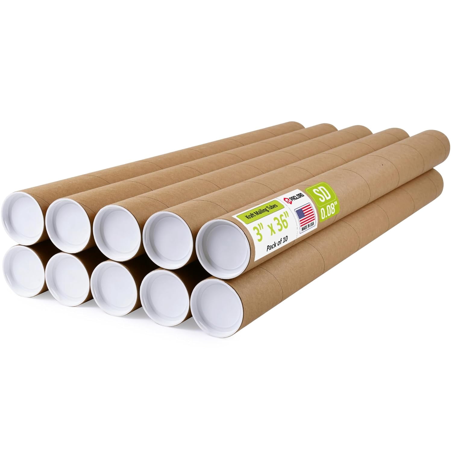 3" x 36" Reinforced Kraft Paper Mailing Tubes, Pack of 10 Tubes with 2 ...