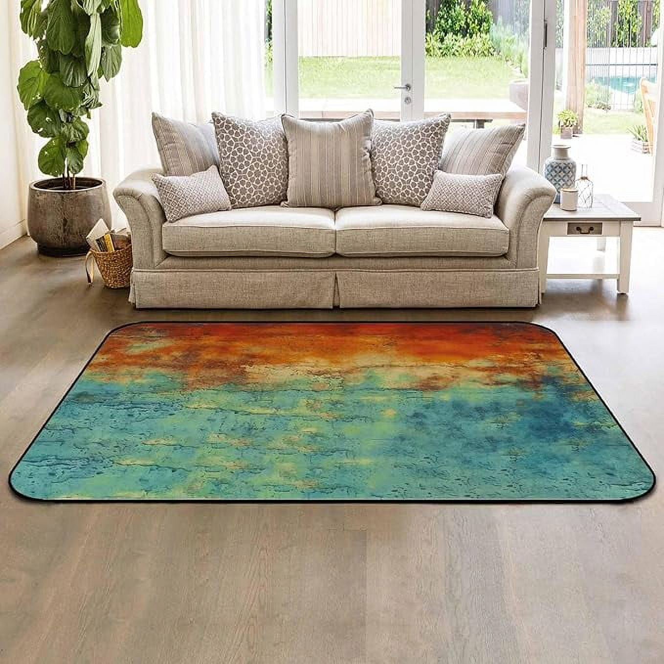 3 x 4ft Burnt Orange Teal Area Rug For Living Room, Large Indoor ...