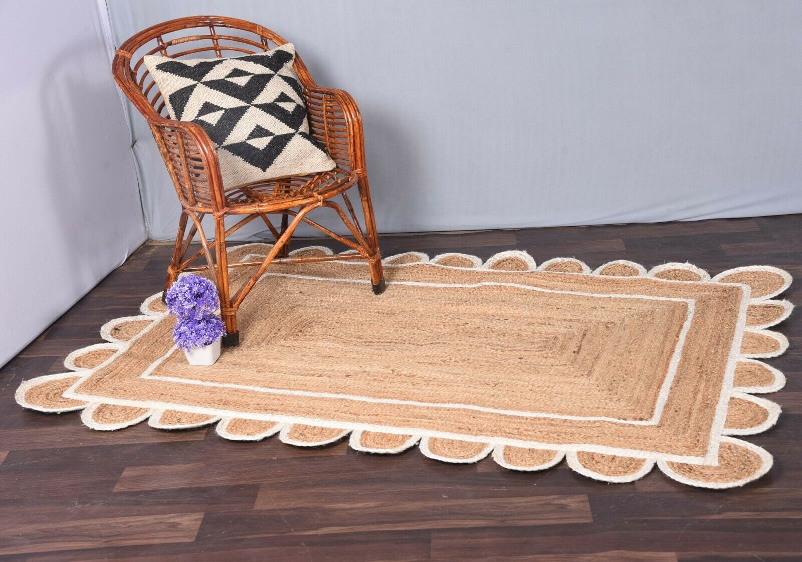 3 x 5 Feet ( 90 cm x 150 cm ) Natural Jute with White Scalloped Area ...