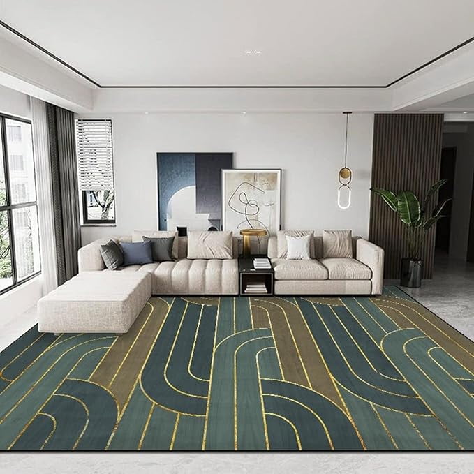 3 x 5ft Green Moss Gold Striped Area Rug, Modern Minimalist Indoor Rugs ...