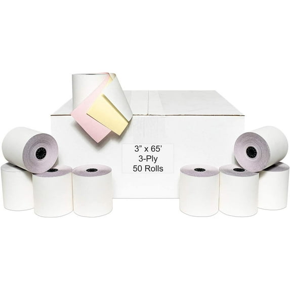 3" x 65' 3 PLY WHITE/CANARY/PINK CASH REGISTER PRINTER POS PAPER ROLL ...