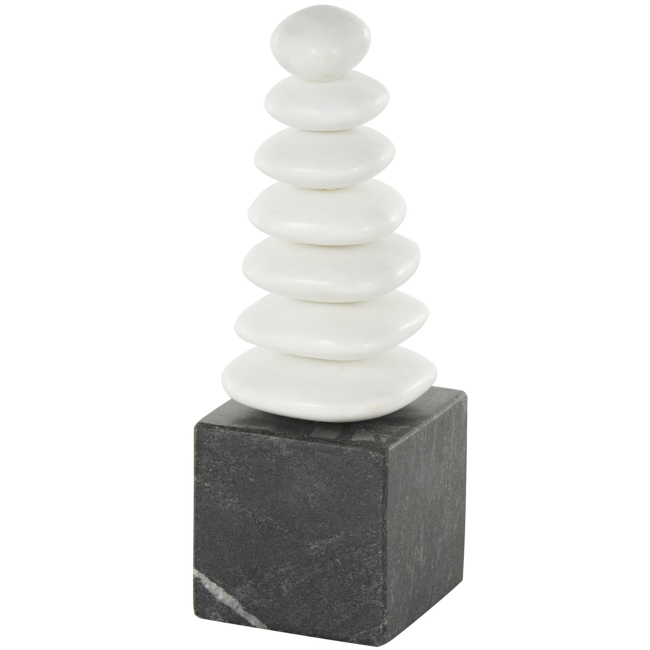 3" x 9" White Marble Stacked Stone Abstract Sculpture with Black Block ...