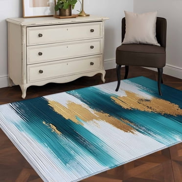 Round Rugs 4Ft, Teal Wave Round Area Rug Washable Indoor Throw Carpet ...